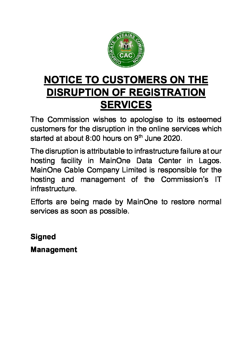 NOTICE TO CUSTOMERS ON THE DISRUPTION OF REGISTRATION SERVICES ...